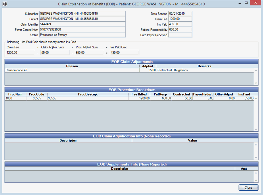 Open Dental Software Manual - ERA 835 - EOB Claim Details