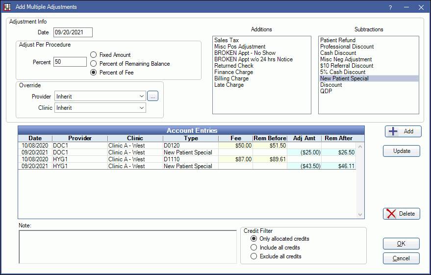 Open Dental Software - Add Multiple Adjustments