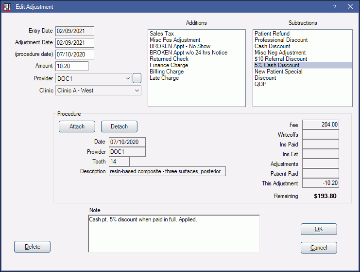 Open Dental Software - Adjustment