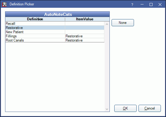 Open Dental Software - Definitions: Auto Note Categories