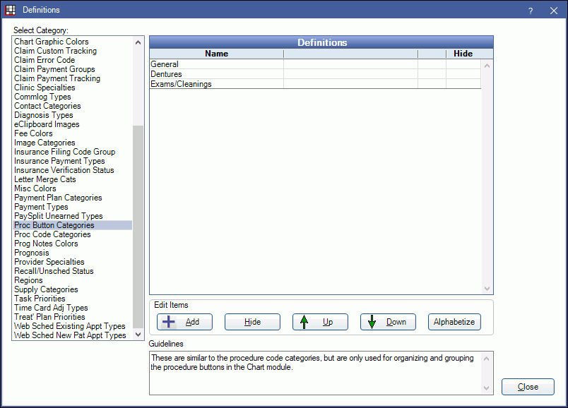 Open Dental Software - Definitions: Proc Button Categories