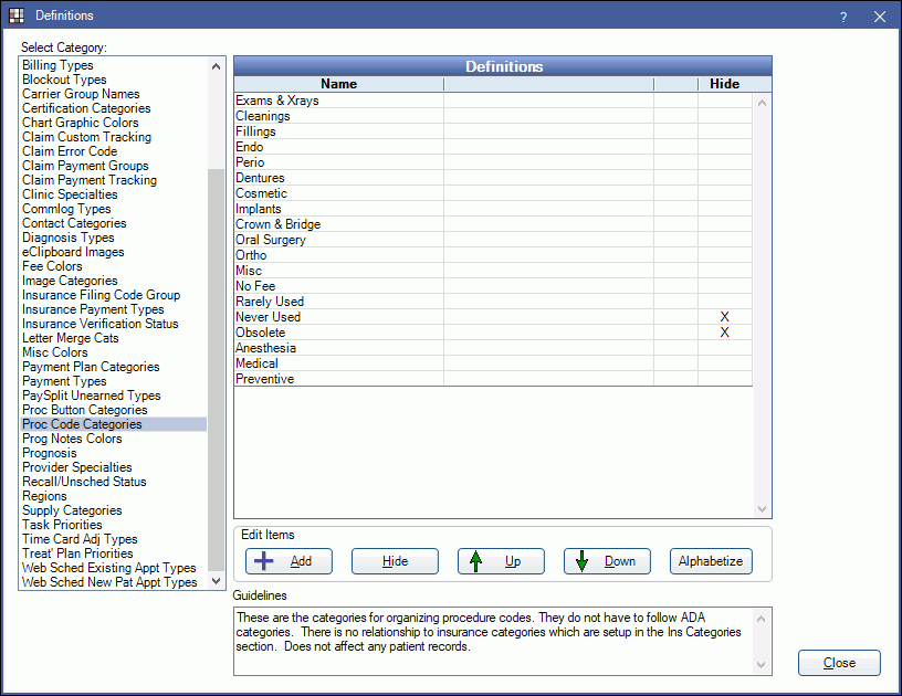 Open Dental Software - Definitions: Proc Code Categories