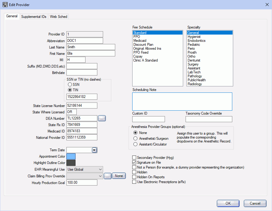 Open Dental Software - Edit Provider Window