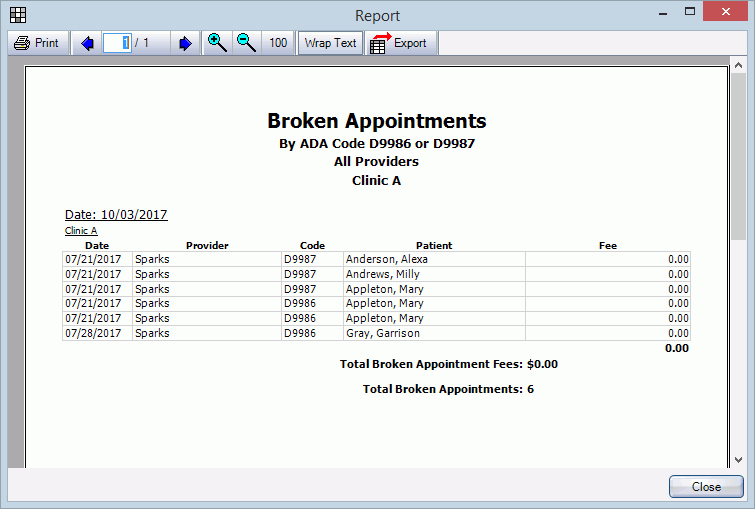 Open Dental Software - Broken Appointments Report