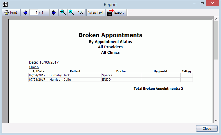 Open Dental Software - Broken Appointments Report