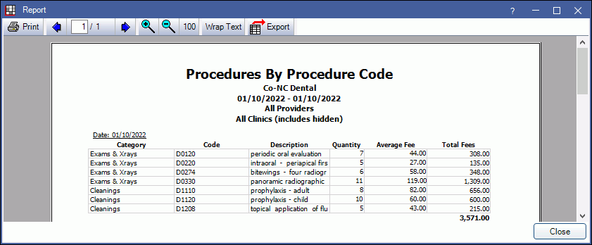 Open Dental Software - Daily Procedures Report