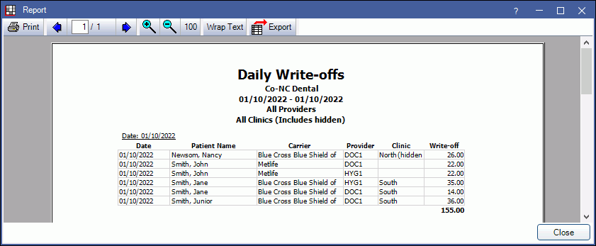 Open Dental Software - Daily Writeoff Report