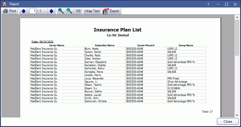 Open Dental Software - Insurance Plans Report